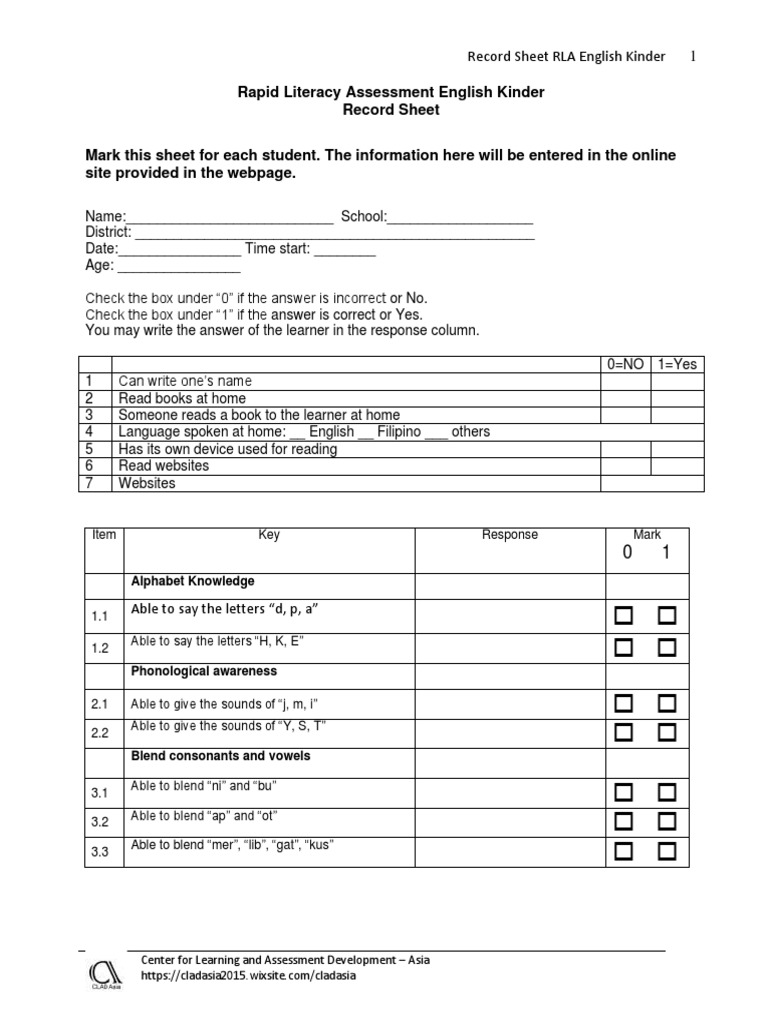 Record Sheet RLA English Kinder | PDF