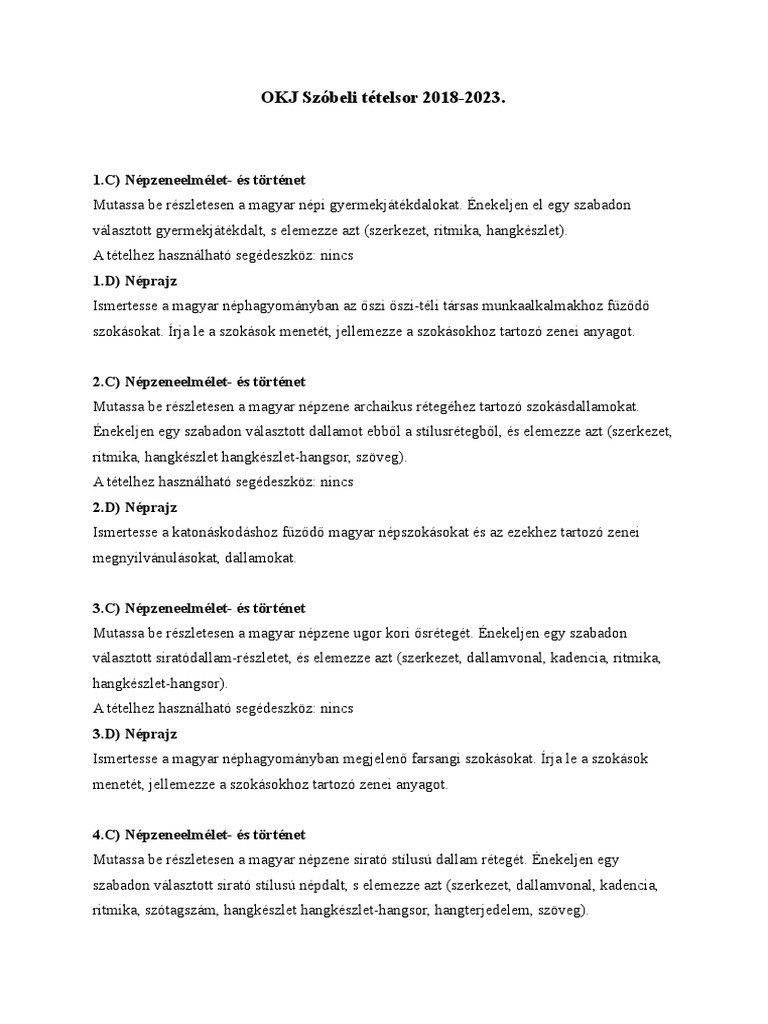 OKJ Szóbeli Tételek - 2018. | PDF