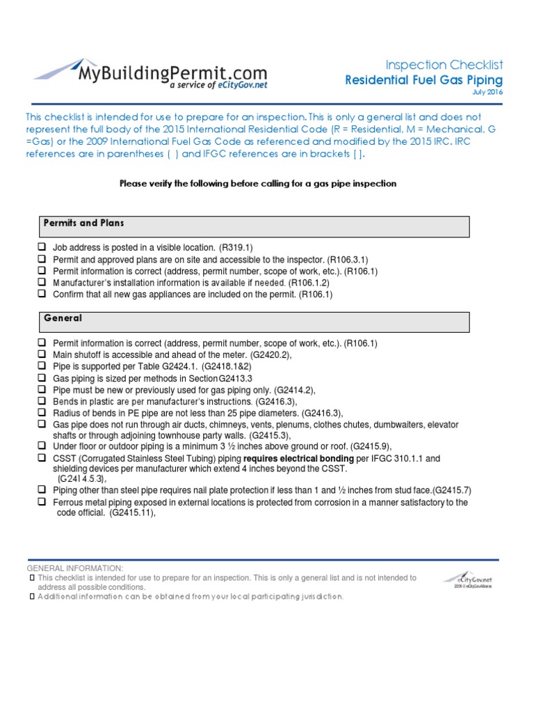 Residential Fuel Gas Inspection Checklist | PDF | Pipe (Fluid ...