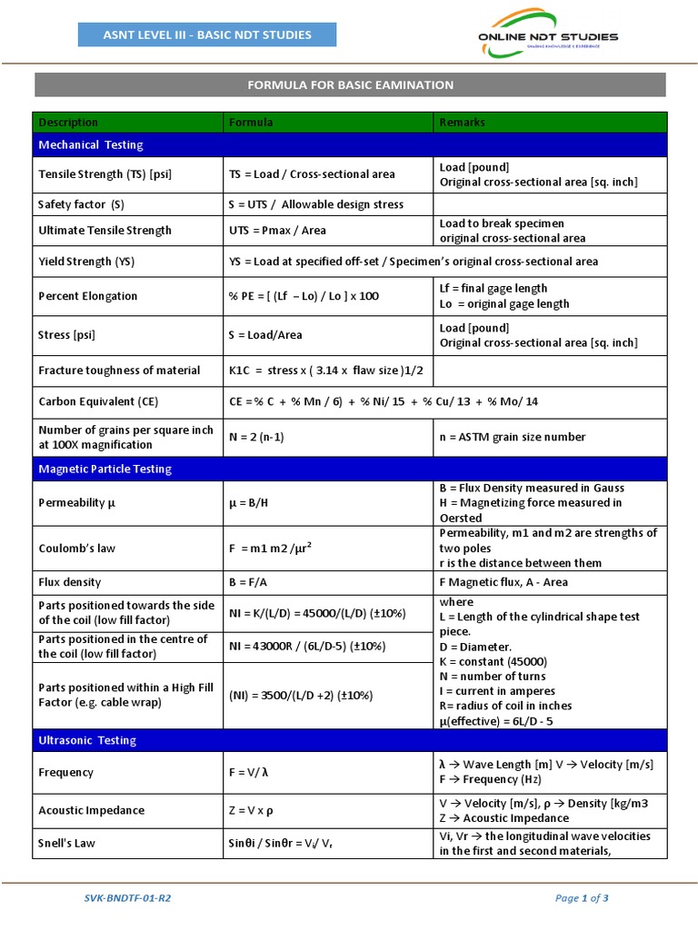NDT-Basic-Formulae | PDF | Strength Of Materials | Ultimate Tensile ...