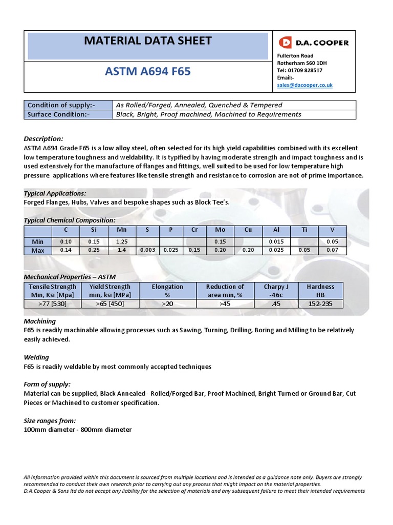 A694 F65 Product Datasheet DACooper Sons - 230621 - 110007 | PDF | Forging | Machining