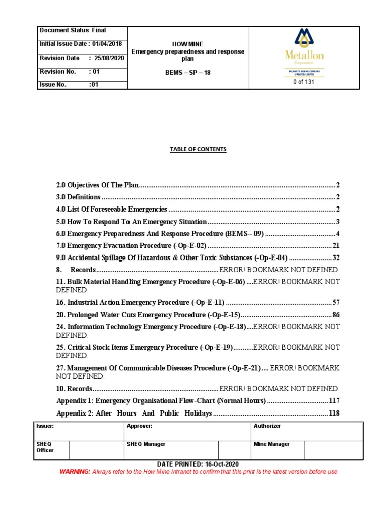 BEMS-MP-18 SHEQ Emergency Response Plan | PDF | Emergency | Emergency ...
