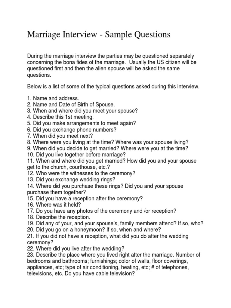 Marriage Interview Questions Guide | PDF | Marriage | Meal