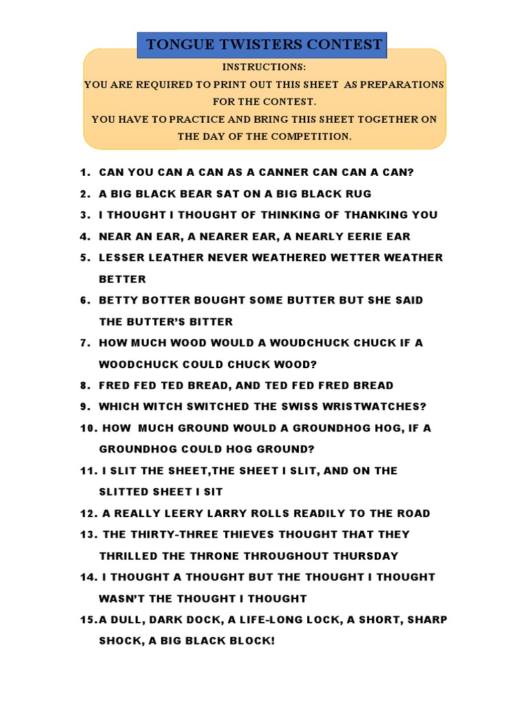 Tongue Twisters Contest Prep Sheet | PDF