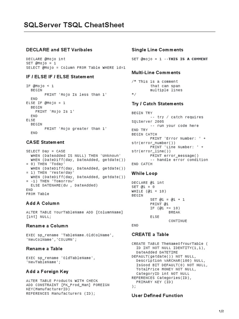 Sqlserver Tsql Cheatsheet Pdf Sql Data Management Software 