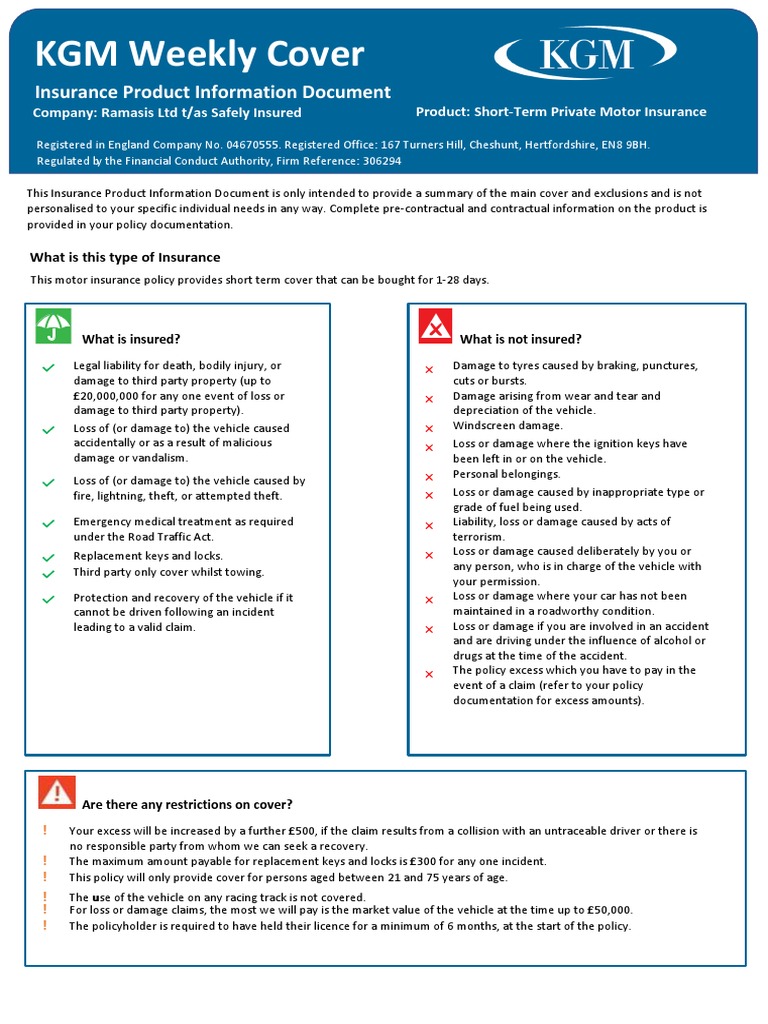 KGM WeeklyCover IPID Safely Insured | Download Free PDF | Vehicle Insurance | Insurance