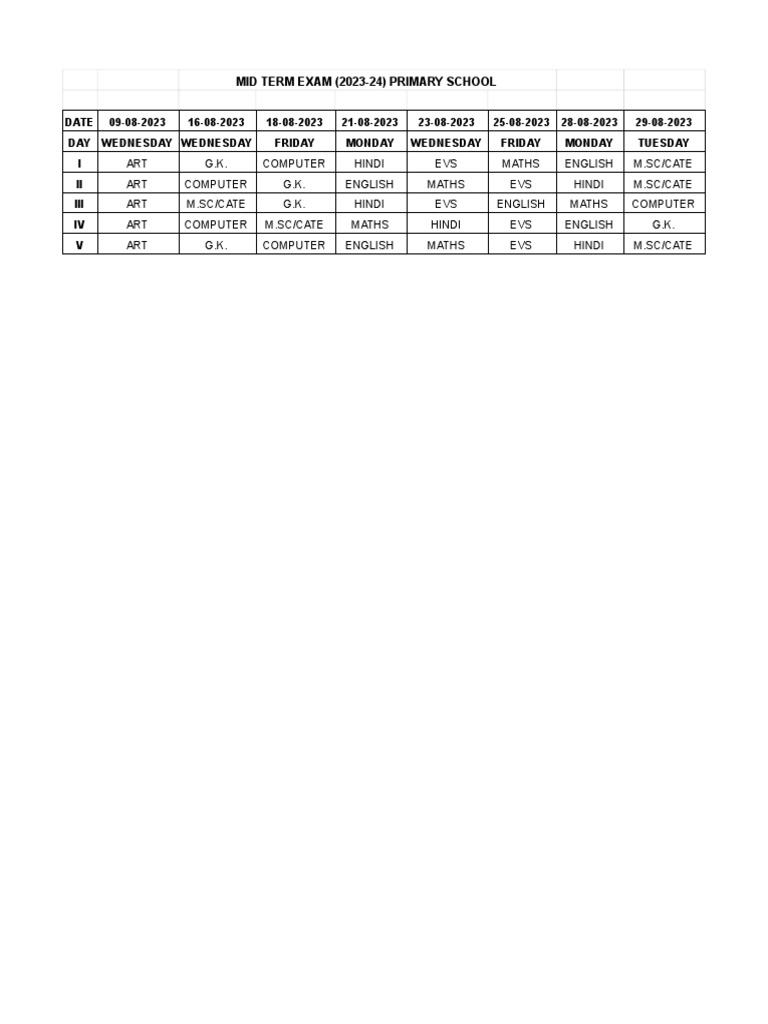 Mid Term Exam (2023-24) Primary School | PDF