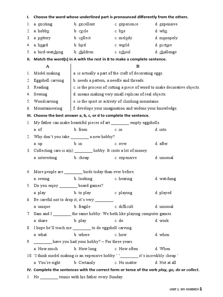 Unit 1: My Hobbies | PDF | Hobbies