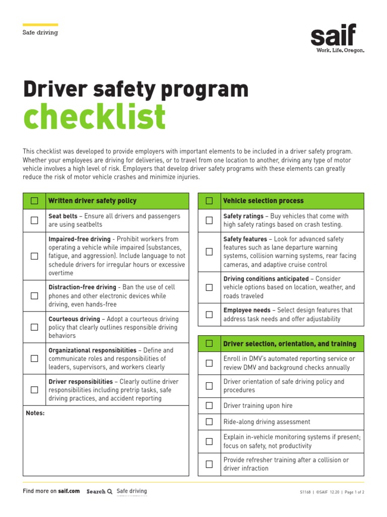 S1168 Driver Safety Program Checklist | PDF | Road Traffic Safety ...