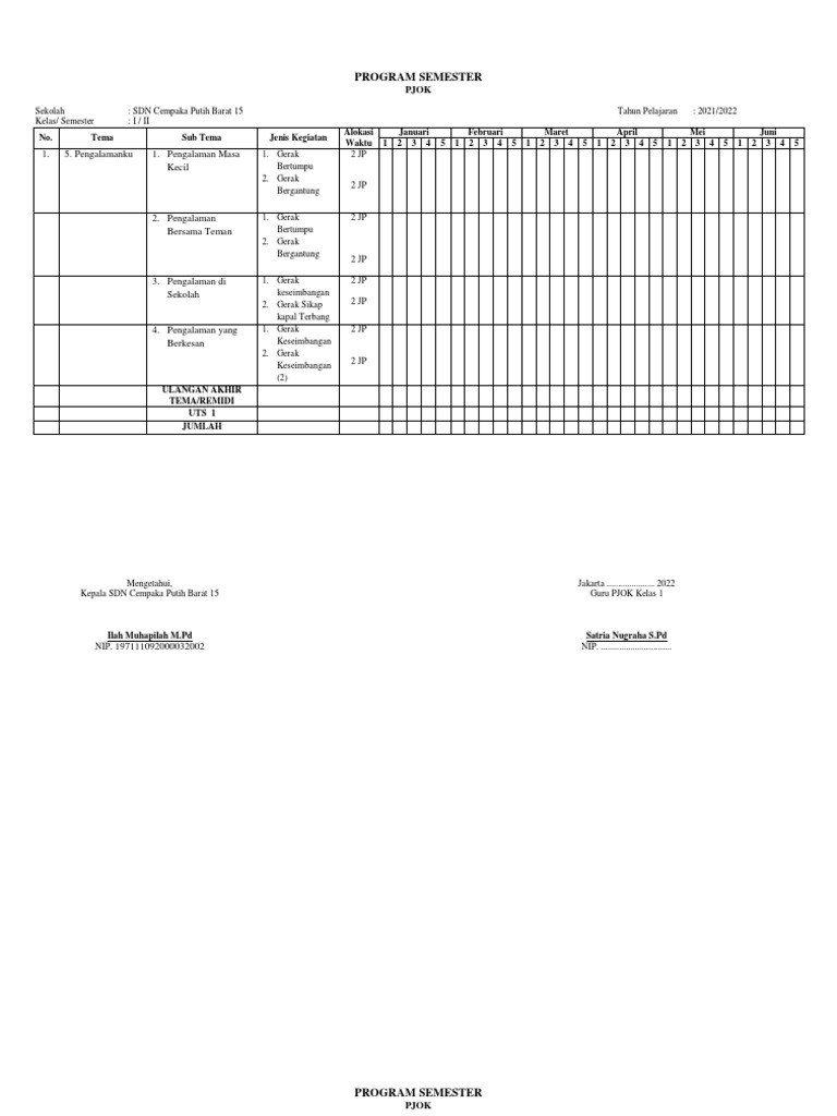 Prosem Pjok Kelas 1 Semester 2 | PDF
