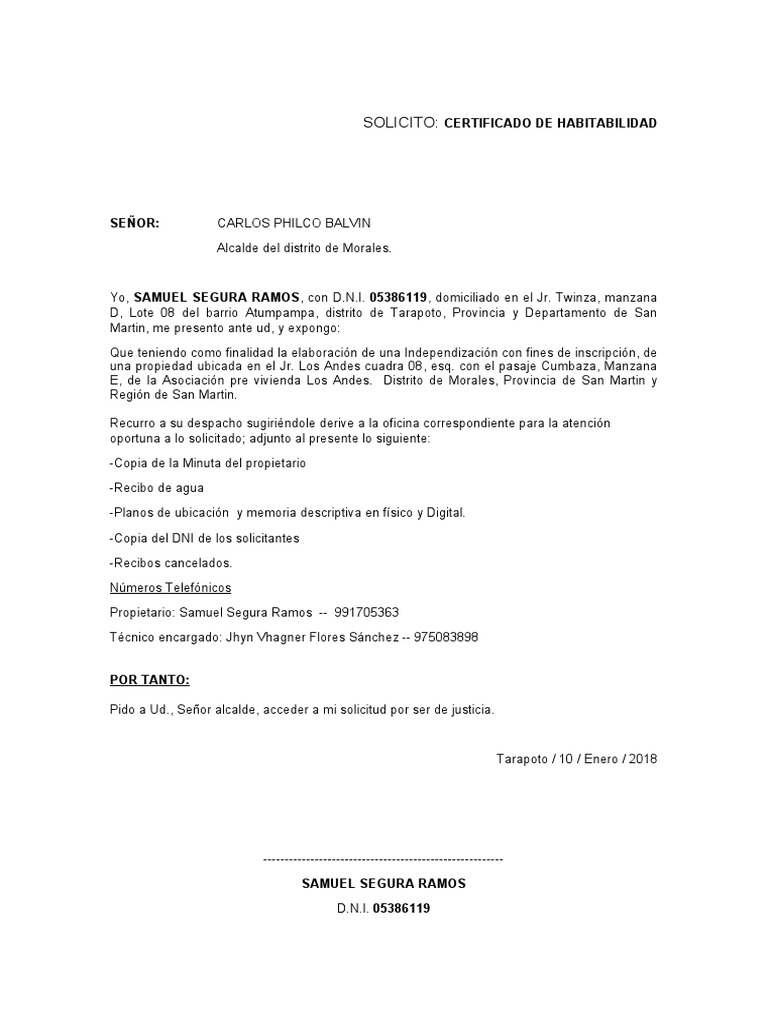SOLICITUD DE CERTIFICADO DE HABITABILIDAD | PDF