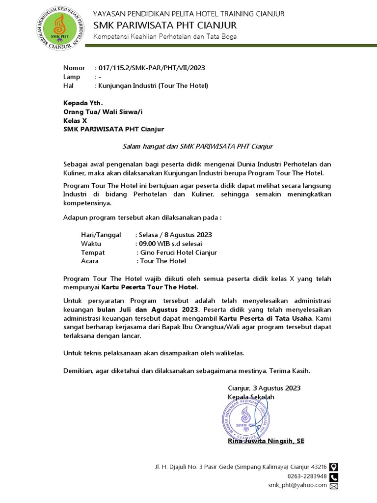 Surat Pemberitahuan Tour The Hotel Kls X | PDF