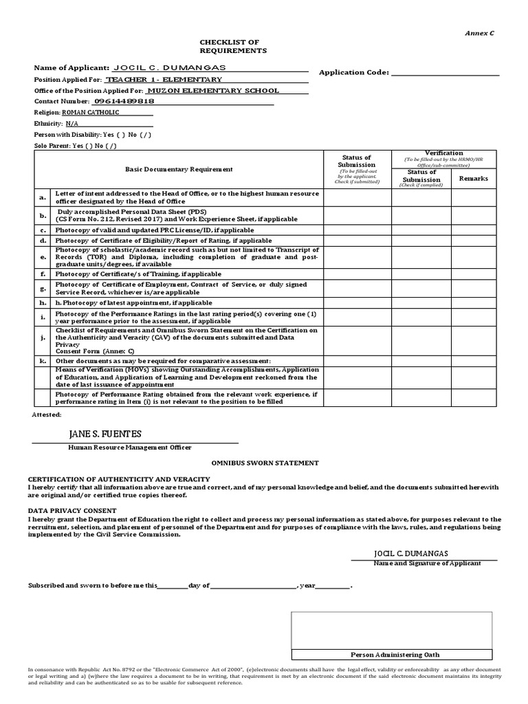 Annex C Checklist for Teacher 1 Application | PDF
