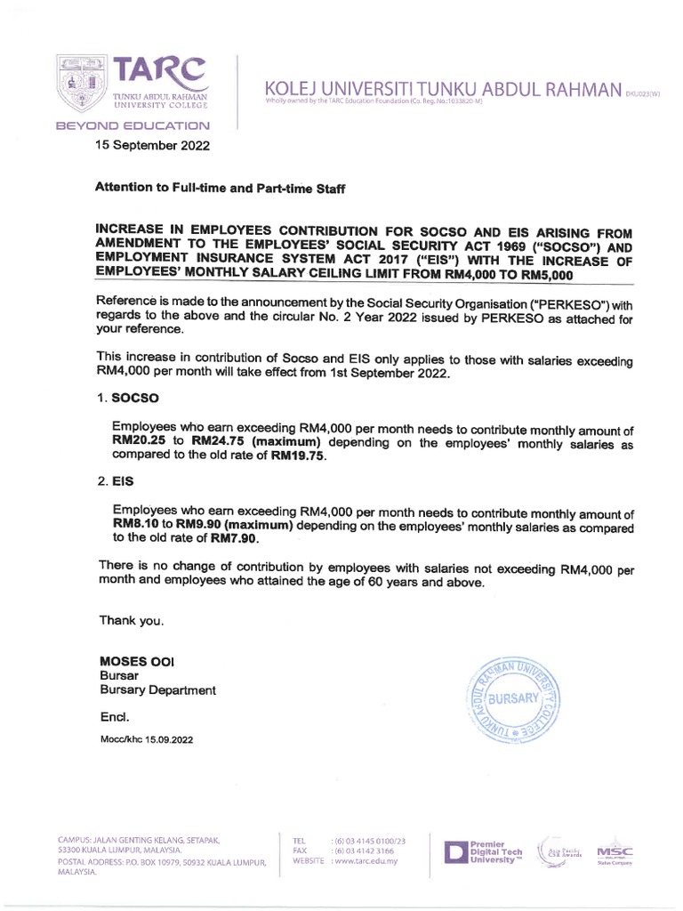 Socso & EIS New Contribution From 1 Sept 2022 | PDF