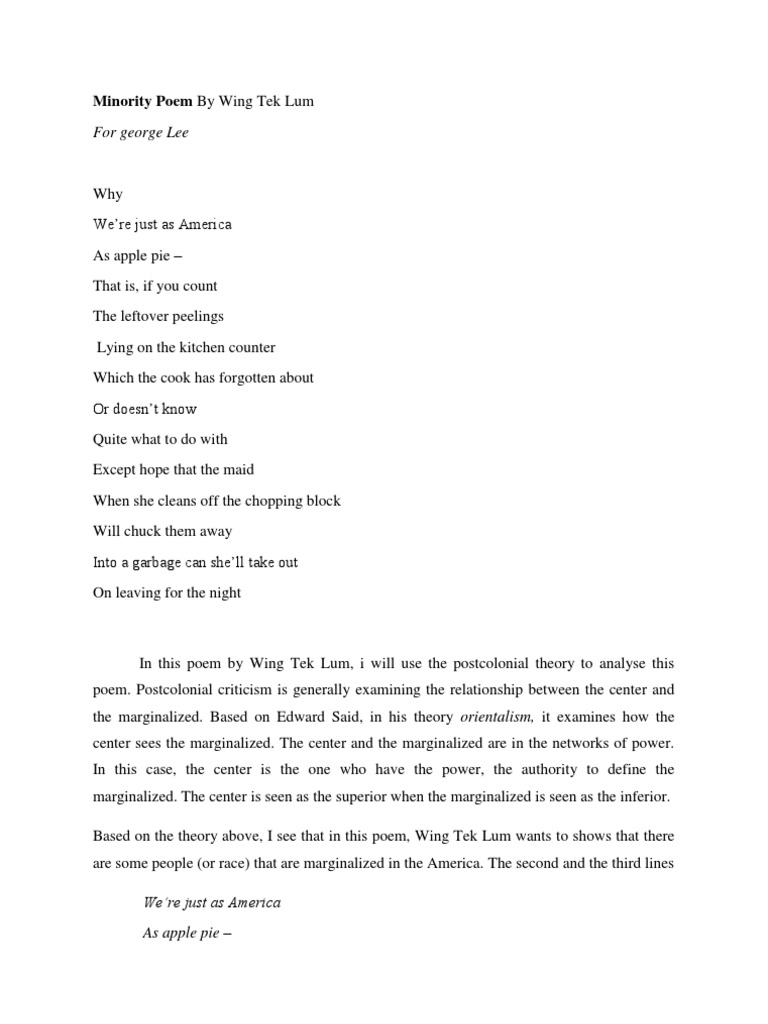 Minority Poem by Wing Tek Lum | PDF | Postcolonialism