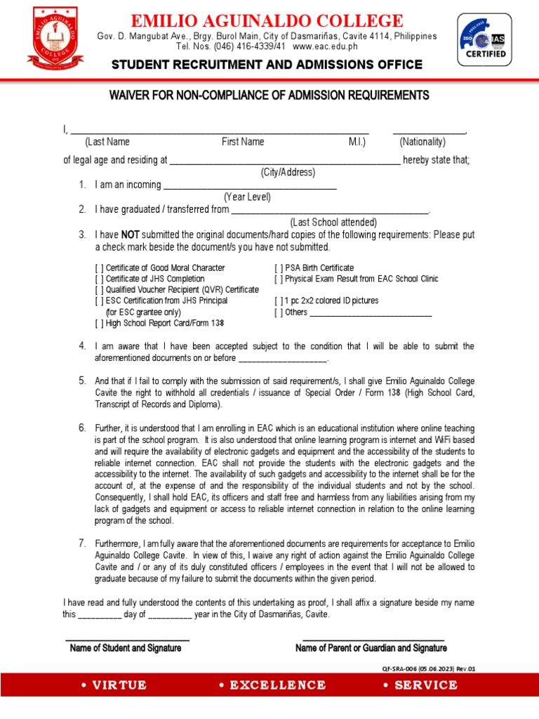 Waiver For Non Compliance of Admission Requirement | PDF