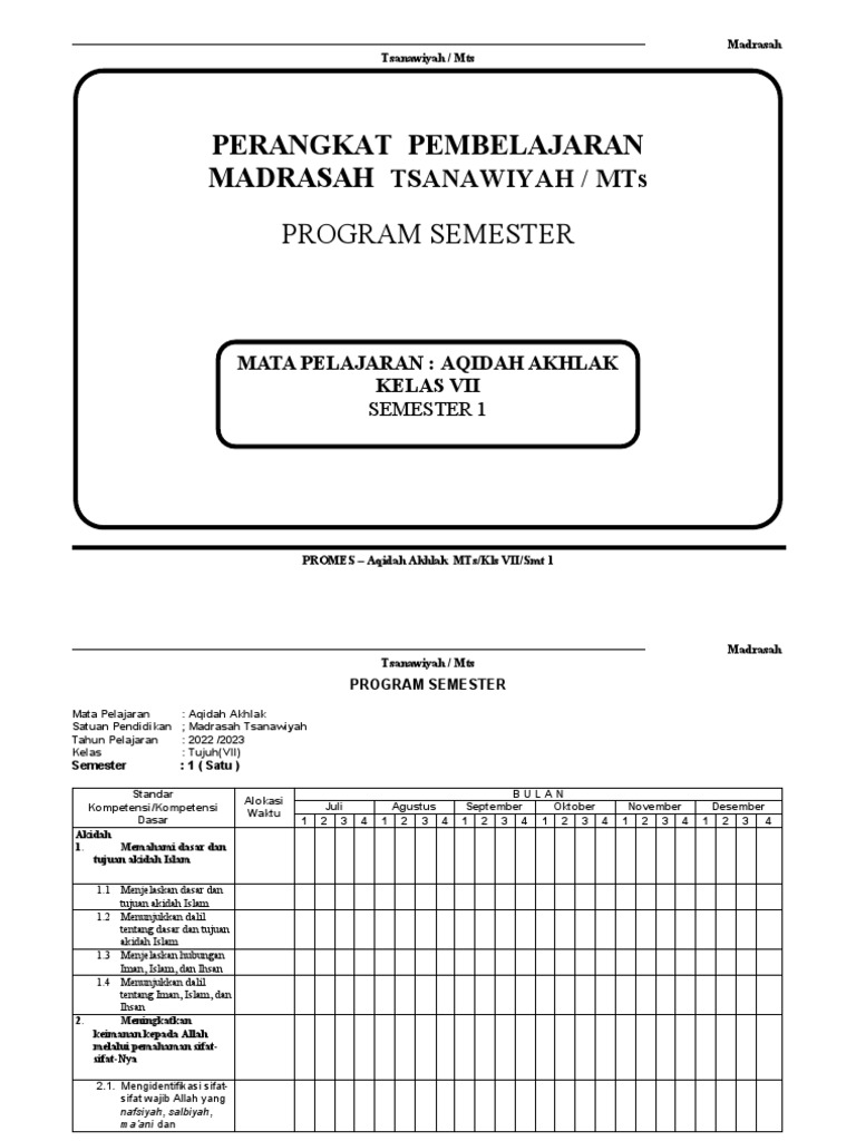 Promes Akidah Akhlak Kls 7 | PDF