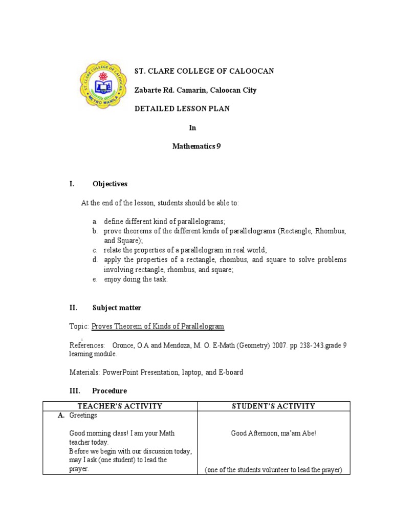 Math Lesson Plan: Parallelograms | PDF