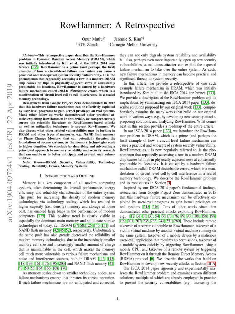 Rowhammer: A Retrospective: Onur Mutlu Jeremie S. Kim Eth Z Urich Carnegie Mellon University ...