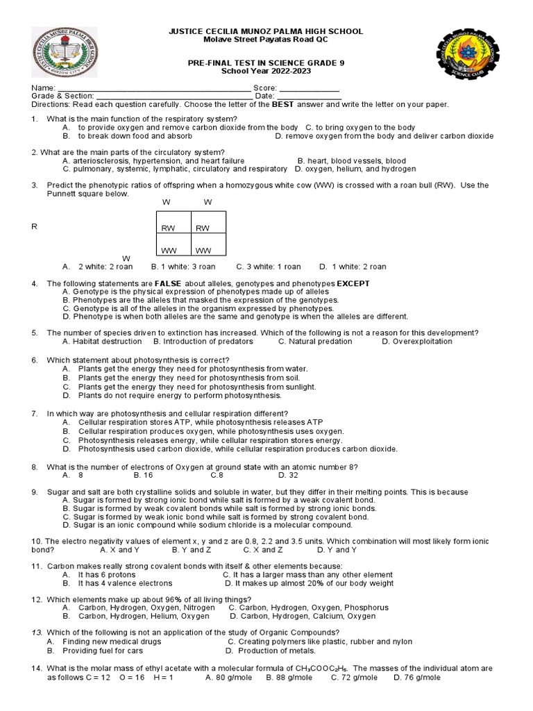 Diagnostic Test in Science Grade 9 | PDF