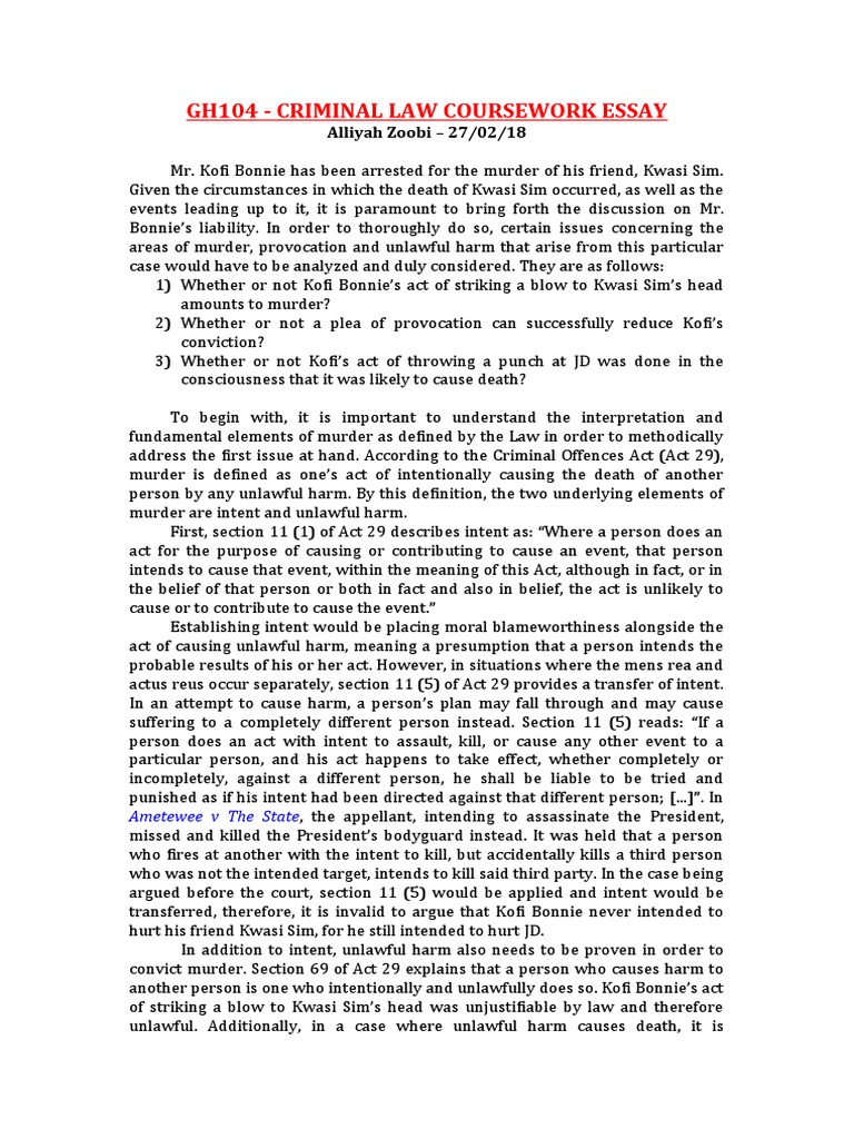Criminal Law Coursework Essay | PDF | Intention (Criminal Law) | Murder