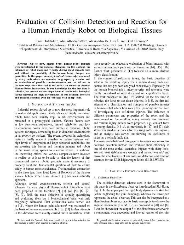 Evaluation Of Collision Detection And Reaction For A Human Friendly