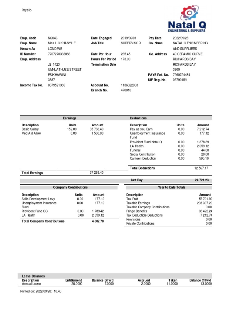 Sep Payslip-Khanyile - 221201 - 103816 | PDF | Taxes | Tax Deduction