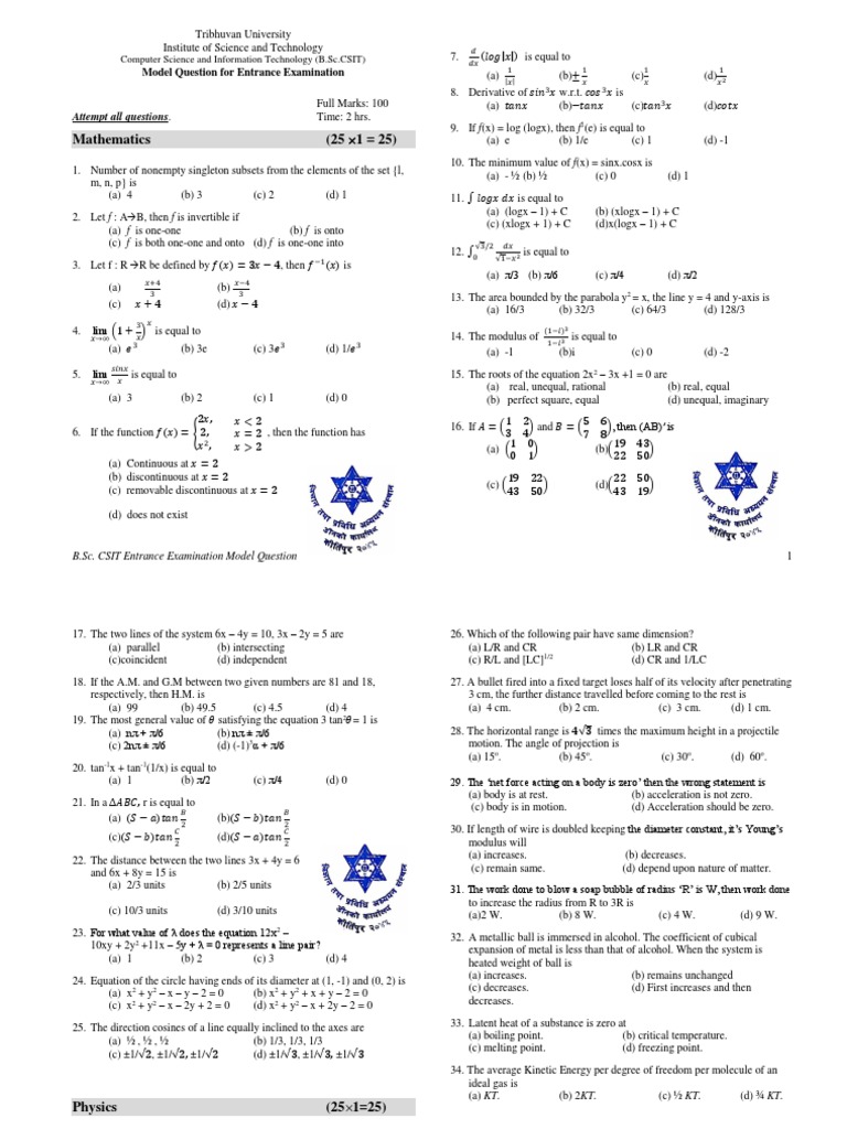 Model Question For B.SC - CSIT Entrance Examination 2079 (New Model ...