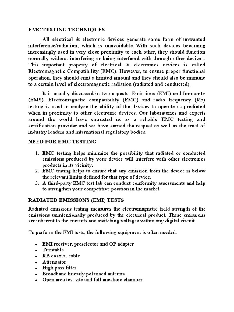 Emc Testing Techniques Pdf Electromagnetic Compatibility Electromagnetic Interference
