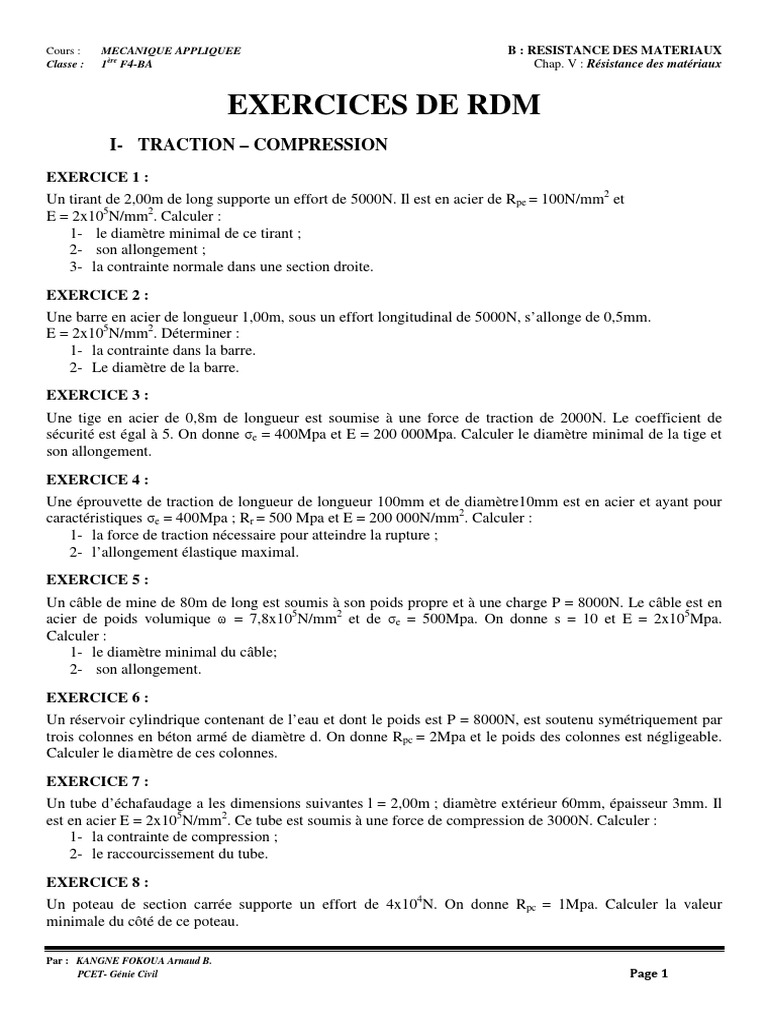 Exercices Traction Compression Flexion | PDF | Flexion (matériau ...