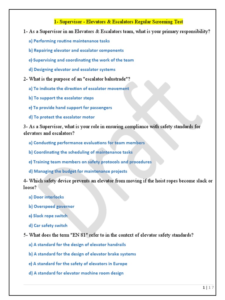 Elevator & Escalator Supervisor Test | PDF | Elevator | Escalator
