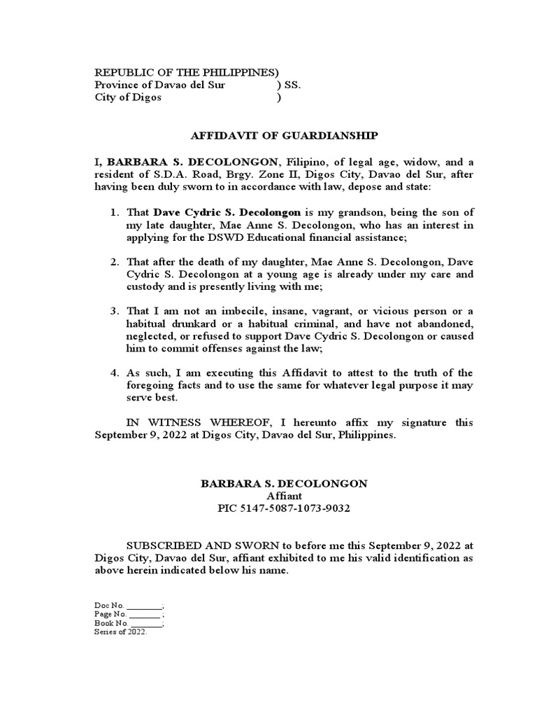 Affidavit of Guardianship | PDF | Politics | Social Science
