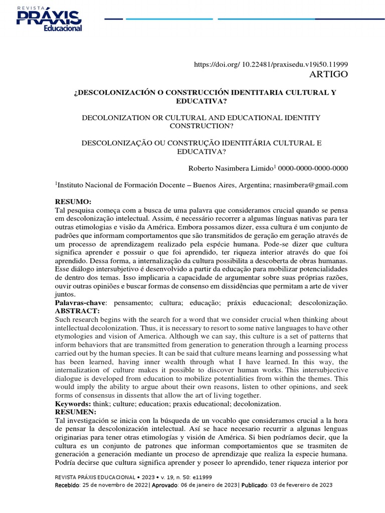 Descolonización o Construcción Identitaria Cultural y Educativa - Roberto Nasimbera Limido | PDF