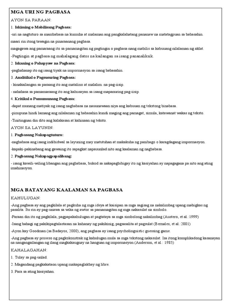 Pagbabasa Notes | PDF