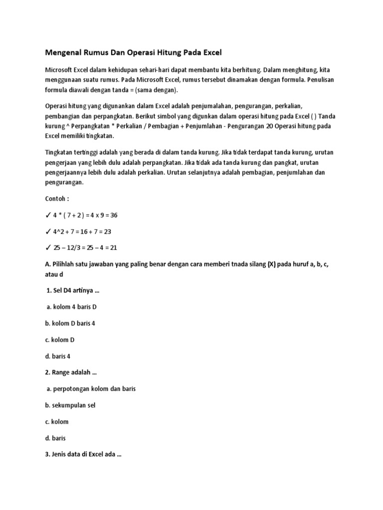 Mengenal Rumus Dan Operasi Hitung Pada Excel | PDF | Karier ...