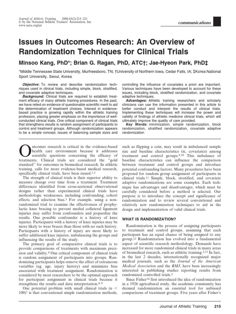 BLOCO 8 - Issues in Outcomes Research An Overview of Randomization Techniques For Clinical ...