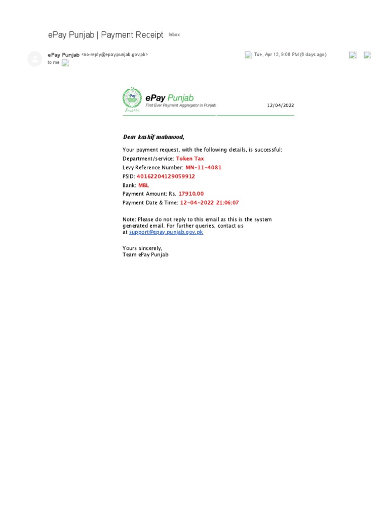 Epay Punjab - Payment Receipt - Kashifmahmood5970@gmail - Com - Gmail | PDF | Finance & Money ...