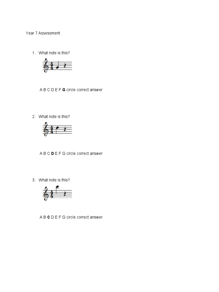 Year 7 Music Note Assessment Quiz | PDF