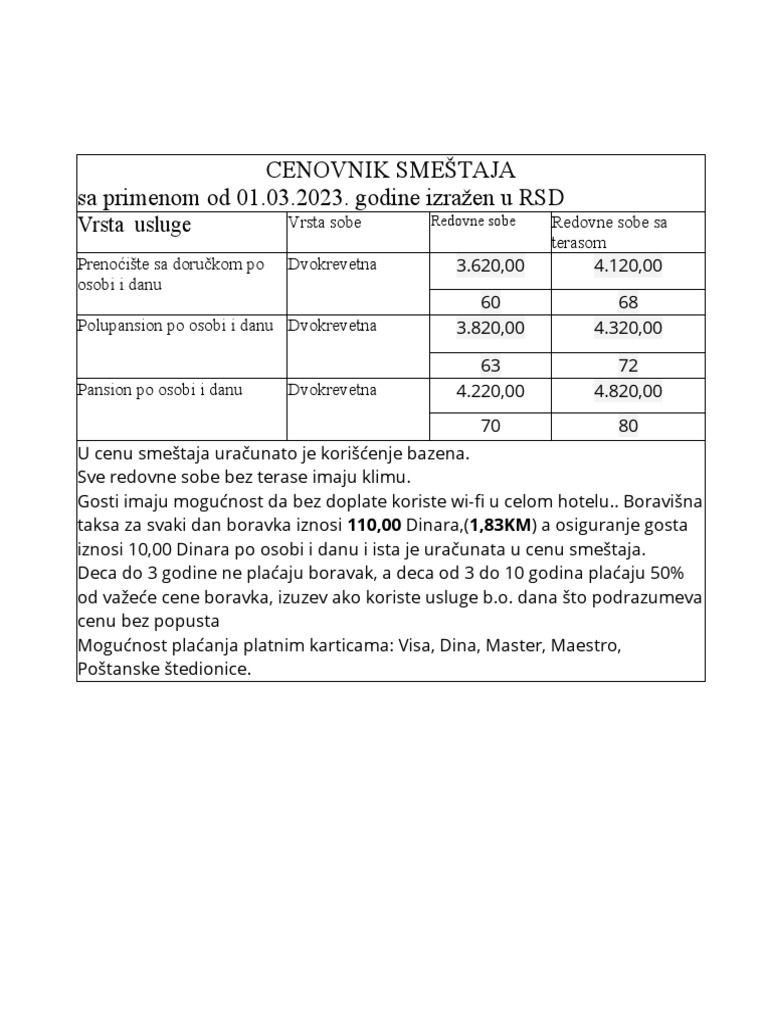Cenovnik Smestaja | PDF