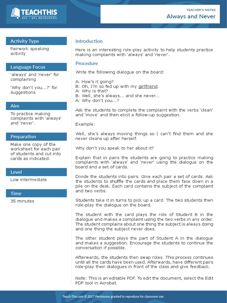 Always and Never | PDF | English As A Second Or Foreign Language ...