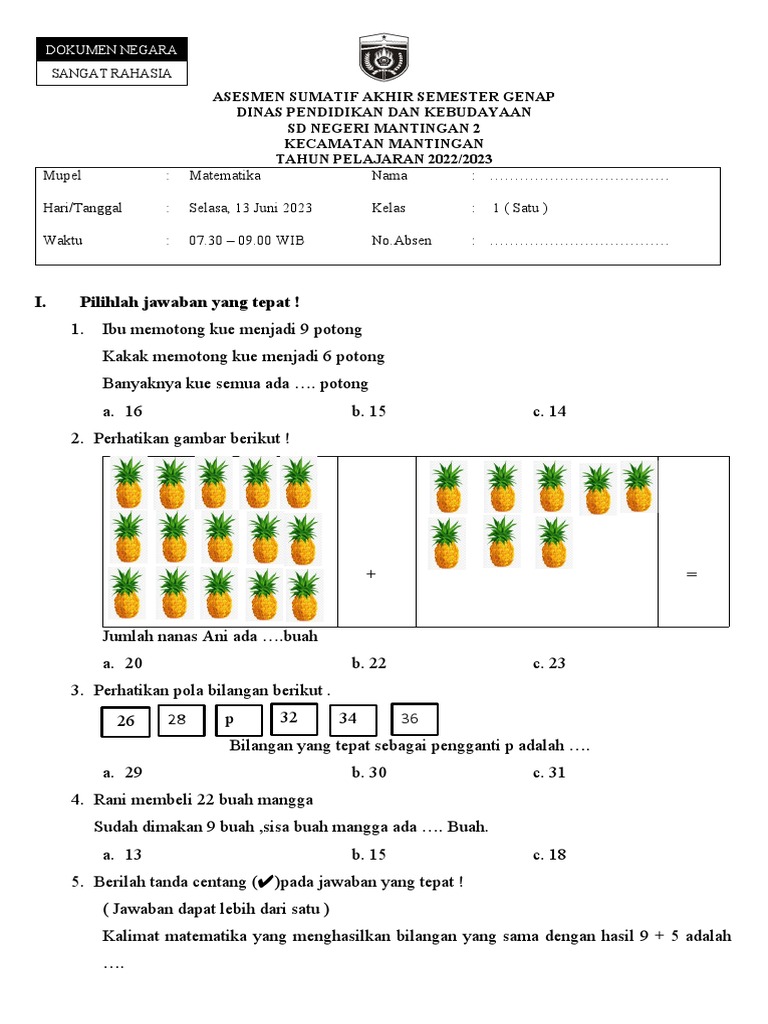 Kelas 1 - Matematika - Asesmen Sumatif Akhir Semester Genap 2023 | PDF