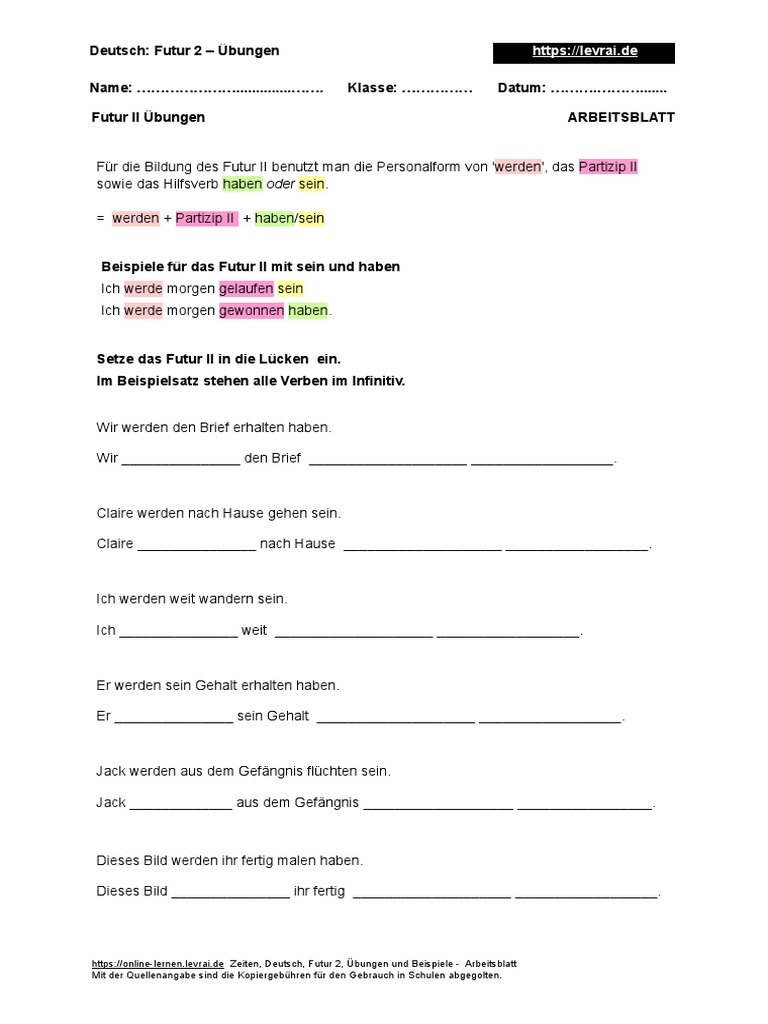 40 Futur 2 Uebungen Arbeitsblatt | PDF