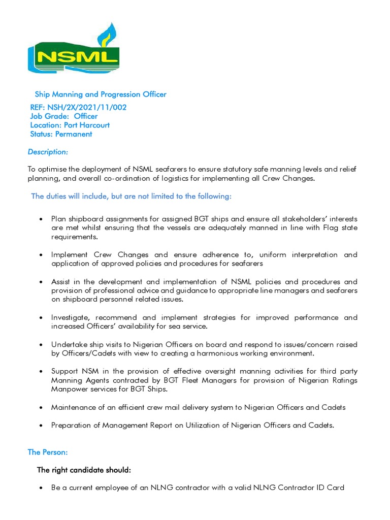 Advert NSML - Ship Manning and Progression Officer | PDF | Employment ...