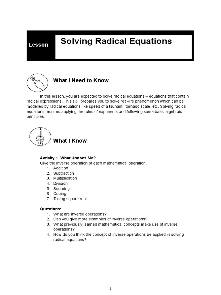 Math9 Q2 W9 Solving RAdical Equations Lesson and Activities - v2 | PDF ... Math9 Q2 W9 Solving RAdical Equations Lesson and Activities - v2 | PDF ...