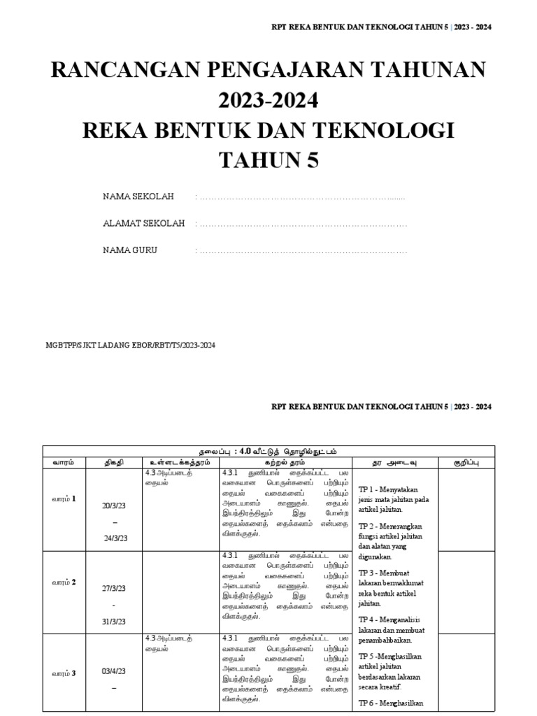 RPT RBT Tahun 5 2023-2024 | PDF