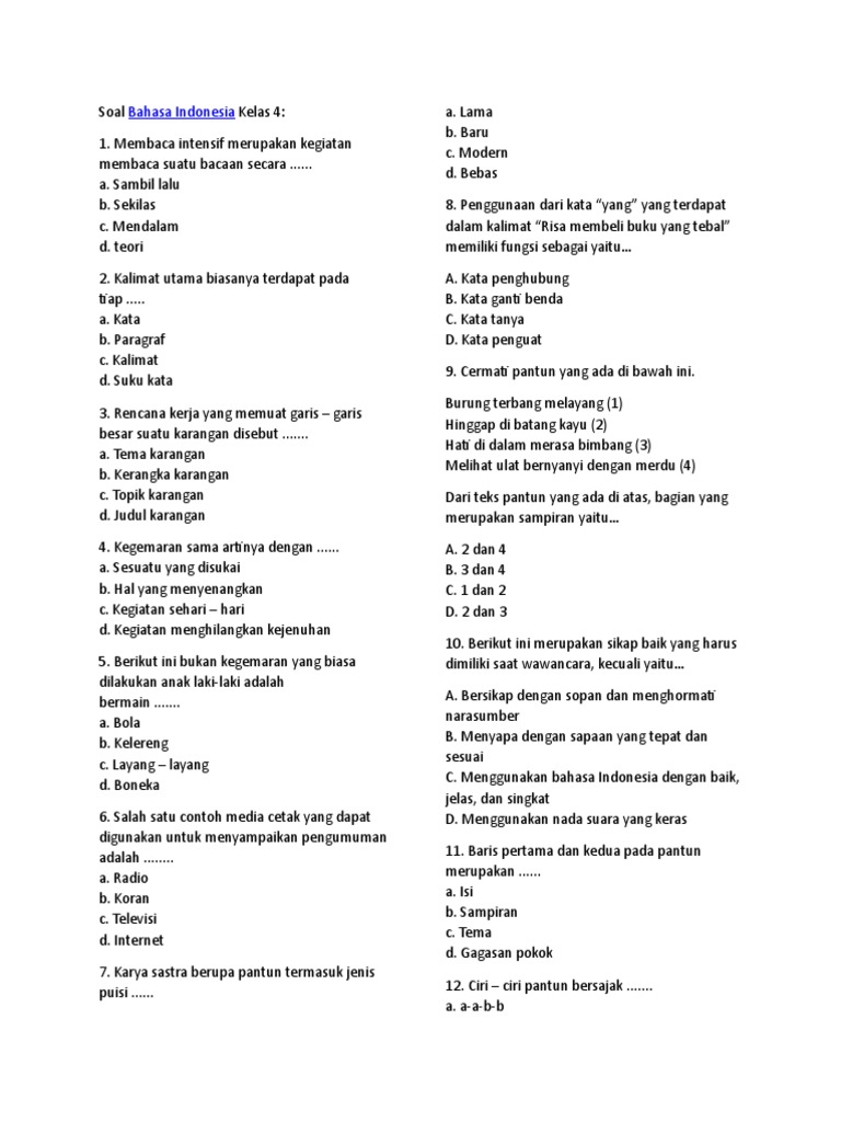 Soal Bahasa Indonesia Kelas 4 Semester 2 | PDF