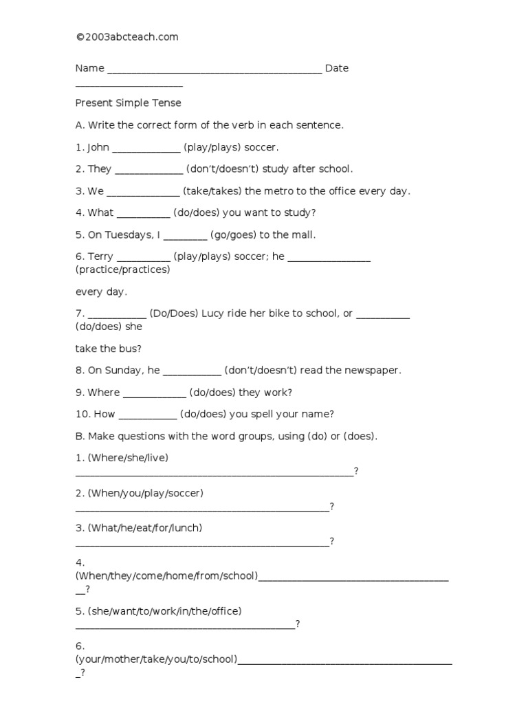 Present Simple Tense Worksheet | PDF