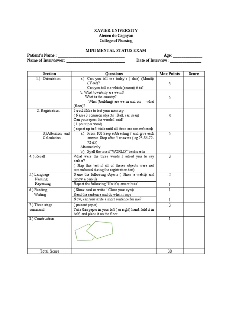 Mini Mental Status Exam Form | PDF | Neuroscience | Cognitive Psychology