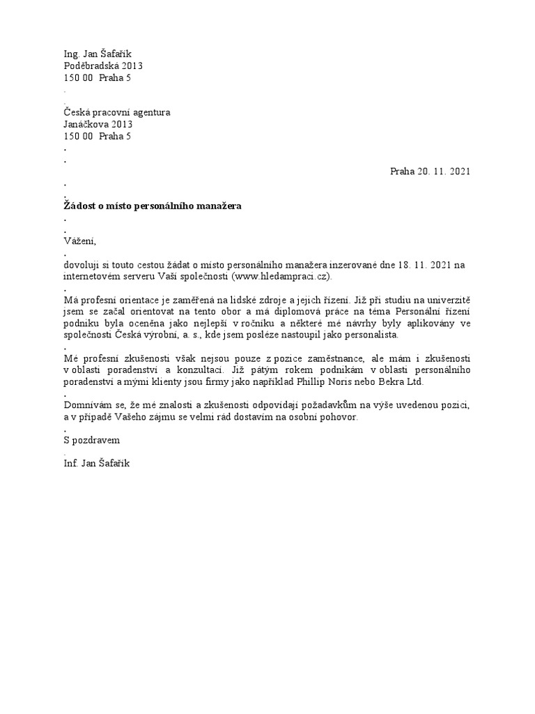 Motivační dopis - vzor | PDF