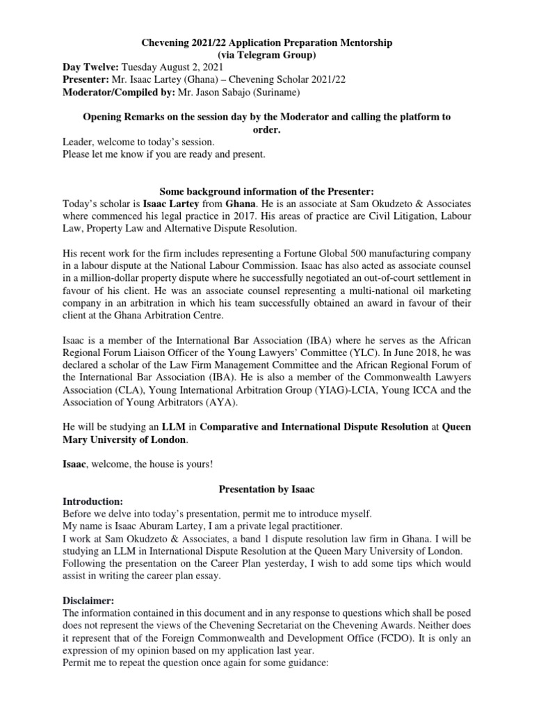 Chevening App. Prep. by Isaac Lartey | PDF | Alternative Dispute ...